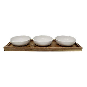 Rae Dunn By Magenta 4 Piece DIP EAT TASTE Ceramic LL Dip Bowl Serving Platter Set With Wood Tray 2019 Limited Edition