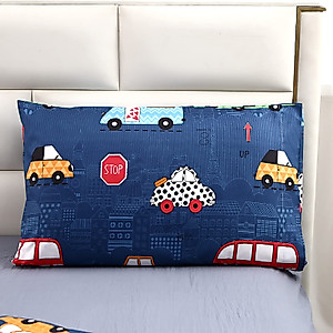 MAG 3Pcs Cartoon Car Bedding Comforter Set, Blue Cute Base Twin Comforter Set,for Toddlers Kids,Boys Teens and Girls,Super Soft Microfiber, Twin Size