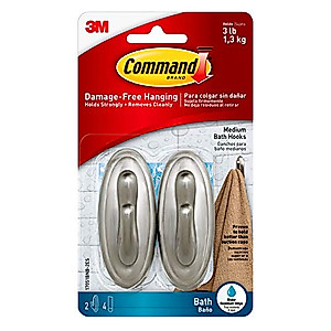 Command 17051BNB-2ES, Medium, Brushed Nickel, 2, 4-Water Resistant Strips, Organize Damage-Free Traditional Plastic Bath Hooks, 0, 2 Count