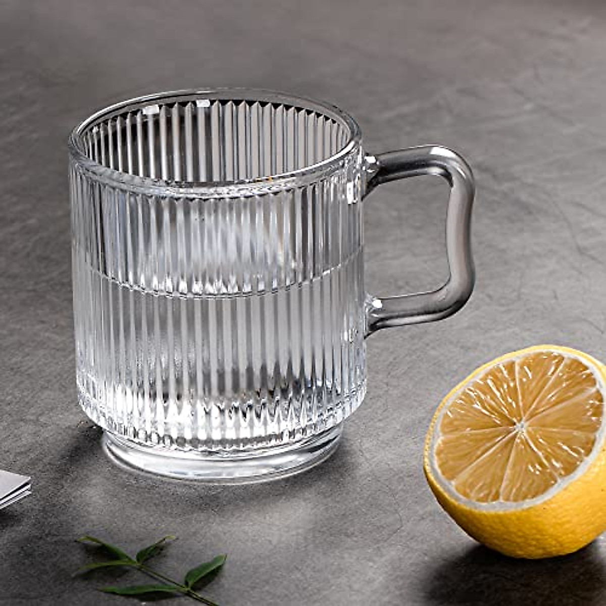 Leadiy Transparent Glass Coffee Mug with Lid, Clear Glass Coffee Cups, Classical Vertical Stripes Coffee Mugs for Latte Juice Tea 12.5 Ounces