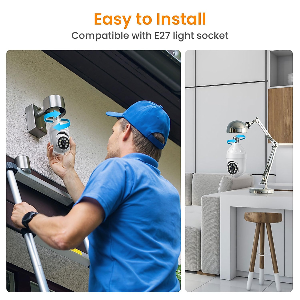 EKEN 1080p Light Bulb Security Camera, 355 Degree Pan/Tilt Panoramic IP Camera, Home Surveillance Cameras System, Human Detection, Alarm, Two-Way Audio, Night Vision, 2.4G WiFi, Pet Monitor