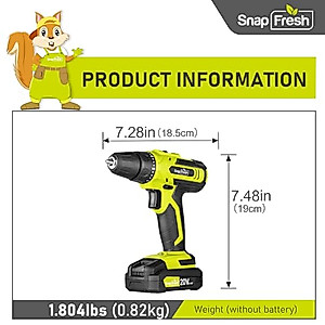 SnapFresh Cordless Drill - 20V Cordless Drill with Battery and Charger, Power Drill Set with 2 Variable Speed, 21+1 Torque Setting, Lightweight, LED, 43pcs Drill Bits, Impact Drill Set for Home, DIY