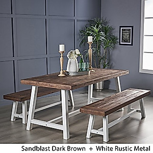 GDFStudio Cytheria Indoor Farmhouse 3 Piece Acacia Wood Picnic Set Finish Frame, Sandblast Dark Brown + White Rustic Metal