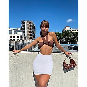 OQQ Women's 2 Piece Basic Casual Versatile Stretchy High Waist Cross Over Ribbed Mini Skirt, White,candypink, Small