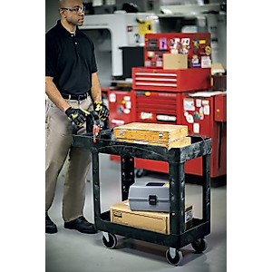 Rubbermaid Commercial Products 2-Shelf Utility/Service Cart, Small, Lipped Shelves, Ergonomic Handle, 500 lbs. Capacity, for Warehouse/Garage/Cleaning/Manufacturing (FG450088BLA)