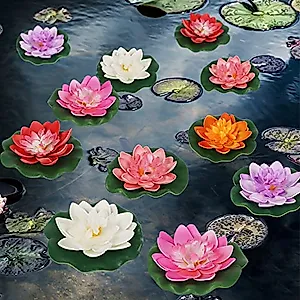 Happy Trees 12 Pcs Artificial Floating Foam Lotus Flower with Water Lily Pad, Lifelike Ornanment Perfect for Home Garden Pond Decoration