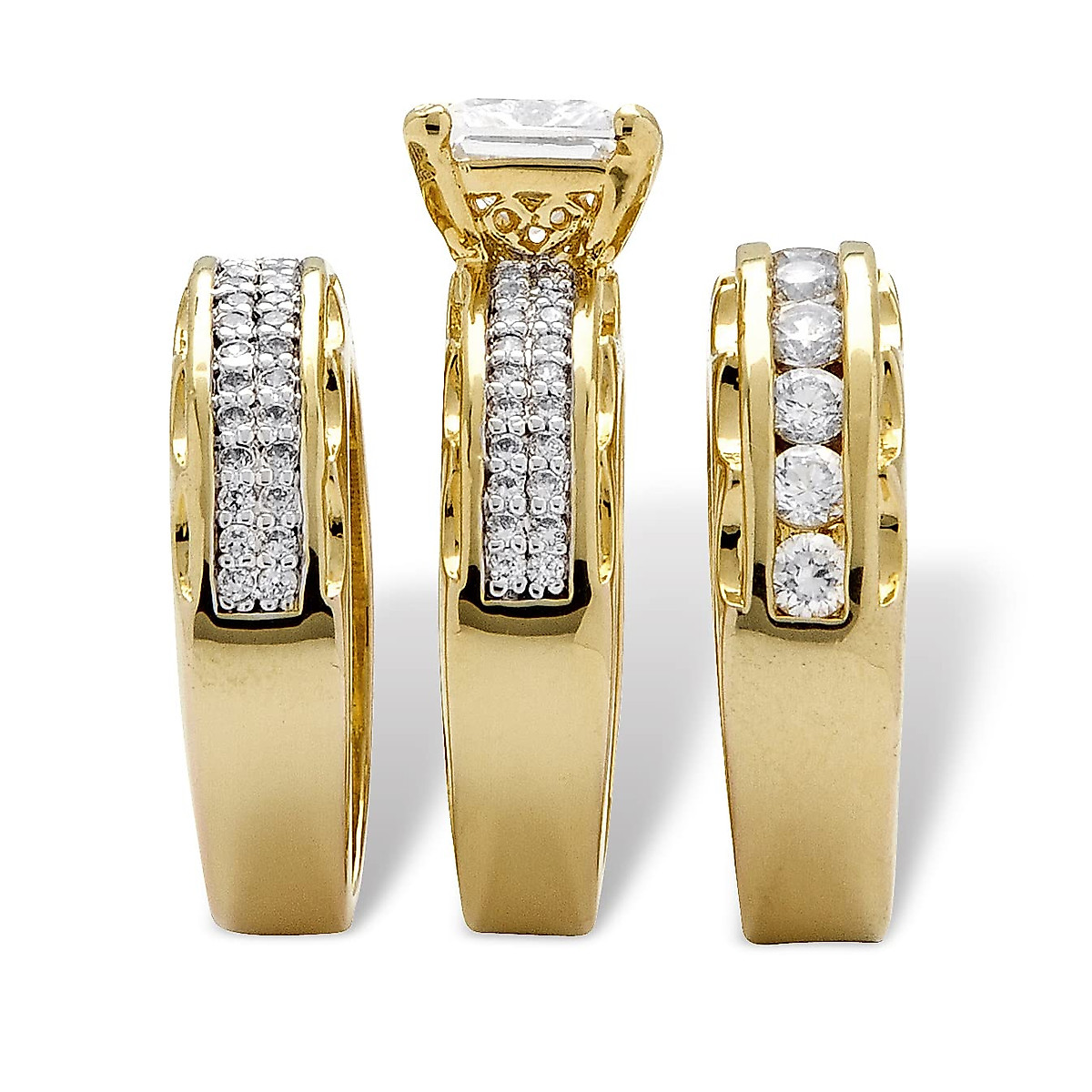 PalmBeach Yellow Gold-Plated or Silvertone Princess Cut and Round Cubic Zirconia 3 Piece Bridal Ring Set Size 7