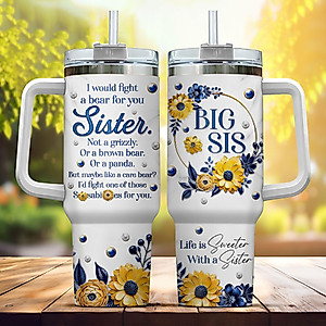 99WHALE Flower Light Handle White Yellow Tumblers From For Would Blue Cups Sisters Bear You Navy Fight, Tumbler 40 Oz With Handle Lid And Straw, Big Sis Carving Floral, Sister Gifts