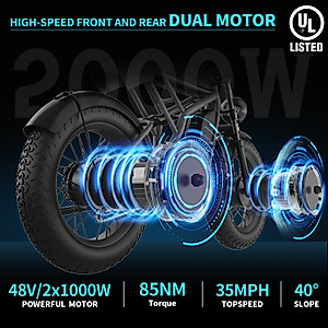 Freego Electric Bike for Adults, Dual Motor & Dual Battery, 2000W/48V/40Ah, 20"x4.0" Fat Tires Off Road Electric Bicycle with Removable Battery, 34MPH & 68 Miles Long Range E Bike UL Certified