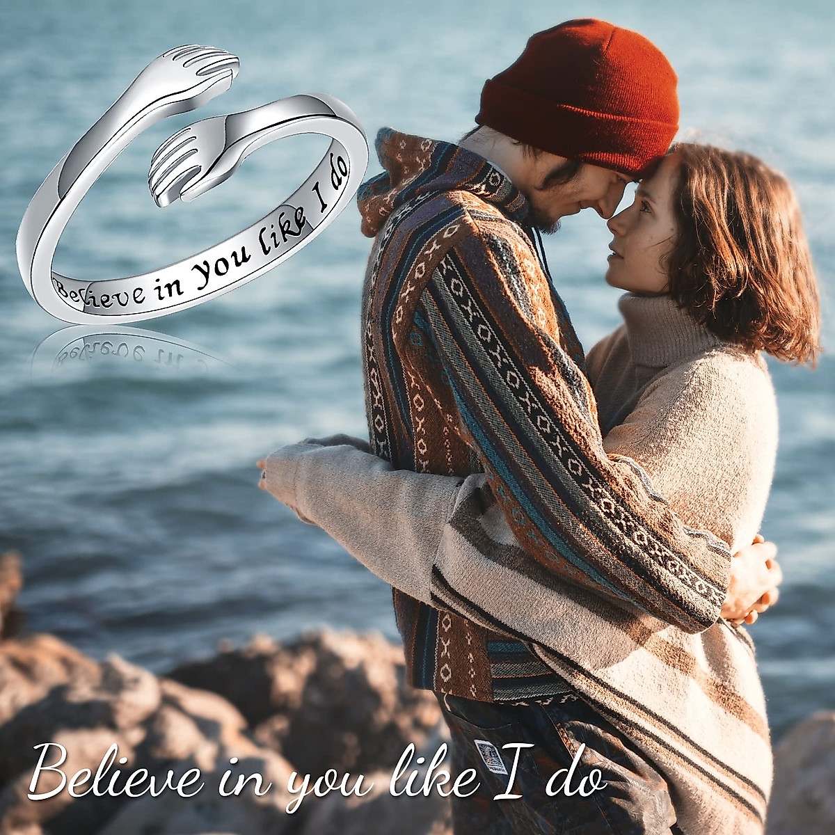 Hug Ring Sterling Silver Adjustable,White Gold Plated Couple Believe In You Like I Do Hug Ring Hugging Rings for Women Men, Friendship Love Rings Wrap Around Hand Ring Jewelry for Teen Girls Sizes 6-9