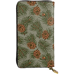 Women Zip Around Long Purse Christmas Fluffy Branches Pinecone Large Credit Card Holder Wallet