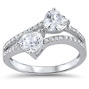 Clear CZ Double Heart Promise Wedding Ring .925 Sterling Silver Band Size 10
