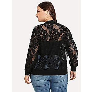 Floerns Women's Plus Size Sheer Floral Lace Long Sleeve Baseball Jacket Black 2XL