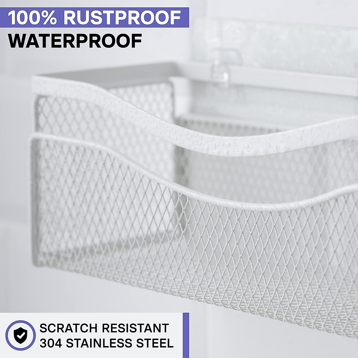 KINCMAX Mesh Shower Caddy (2-Pack), Rustproof Stainless Steel, Adhesive Wall Mount Baskets with Hooks, Mesh Design (Matta White)