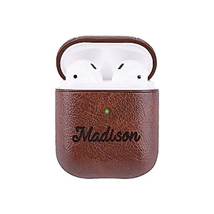 Custom Name AirPods PU Leather Case, Personalized Protective Cover Compatible with Apple AirPod 1 or 2[Front LED Visible] [Support Wireless Charging] Keychain Brown/Light Brown/Red