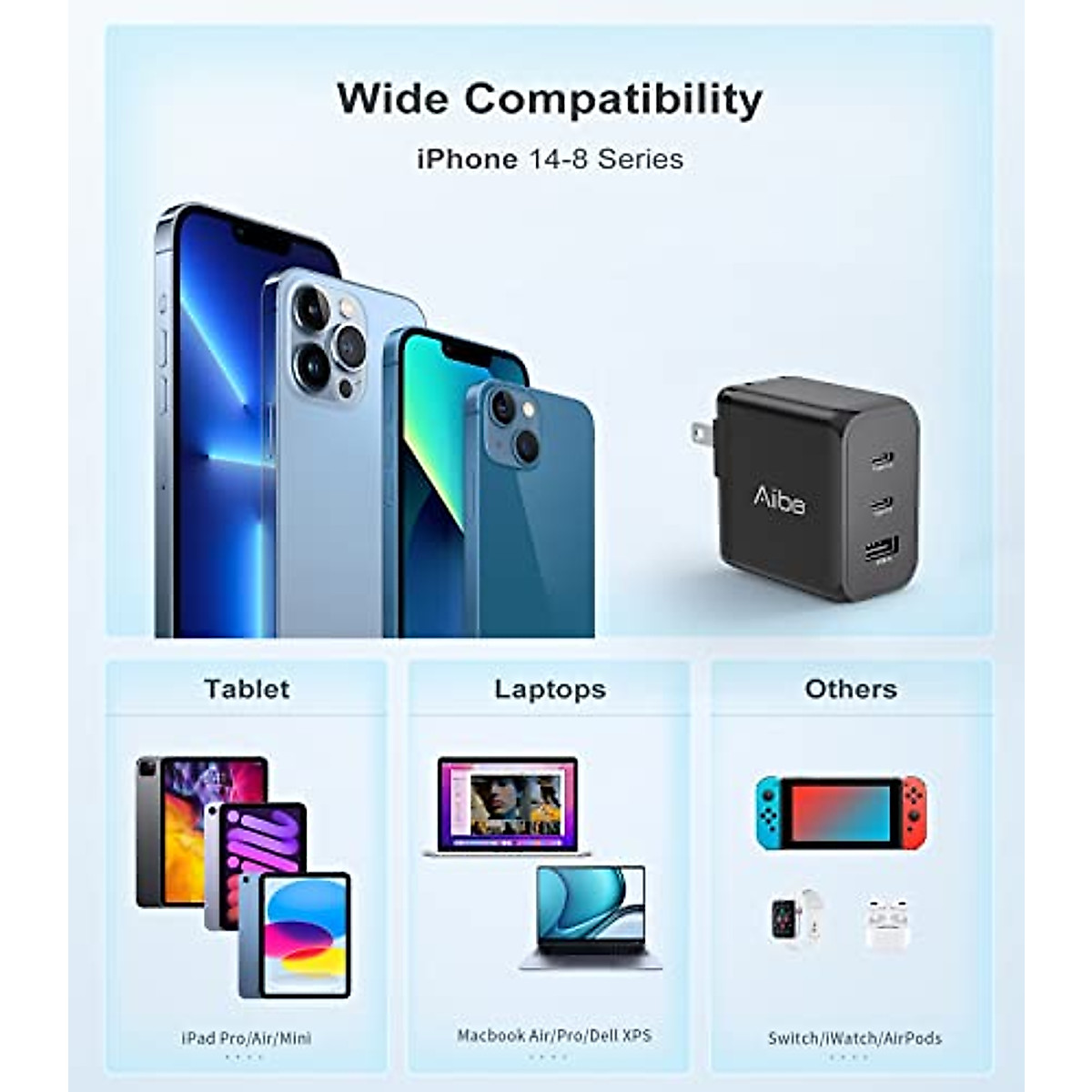 Aiibe USB C Charger 65W 3-Port PD 3.0 Fast Charger 65W GaN Wall Charger USB C Charger Block Type-C Foldable Adapter for MacBook Pro/Air, iPad Pro, iPhone 15/14/Pro, Galaxy S23 S22, Dell XPS13, Laptops