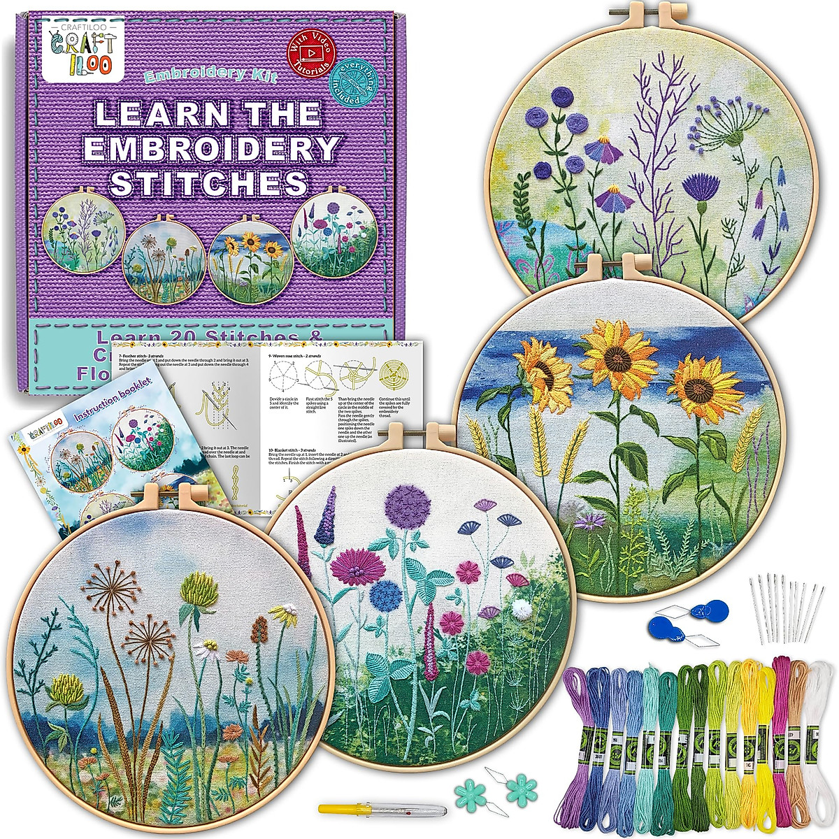 CRAFTILOO Embroidery kit for Beginners Cross Stitch for Beginners Needlepoint Kits for Adults Embroidery Kits Beginner Embroidery kit for Adults 4 Flowers
