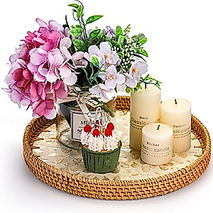 Frcctre 2 Pack Round Rattan Serving Tray with Mother of Pearl Inlay Wooden Base, Decorative Wicker Baskets Woven Serving Tray for Bread Fruit Food Coffee Breakfast, Storage and Display, 2 Sizes