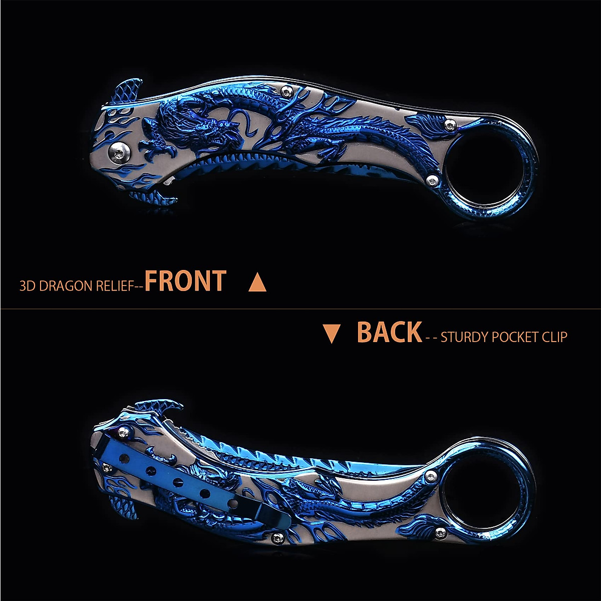 Vividstill 2PCS Set Pocket Folding Knife, 3D Blue Dragon & Mermaid, Great Gift Edc Knife For Men Outdoor Survival Camping Hiking