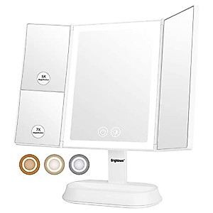 Makeup Mirror with Lights - 3 Color Lighting Modes,60 Led Lighted Cosmetic Mirror,1x 5X 7X Magnification, Touch Screen,90 Degree Adjustable Rotation, Dual Power Supply, Portable Trifold Mirror