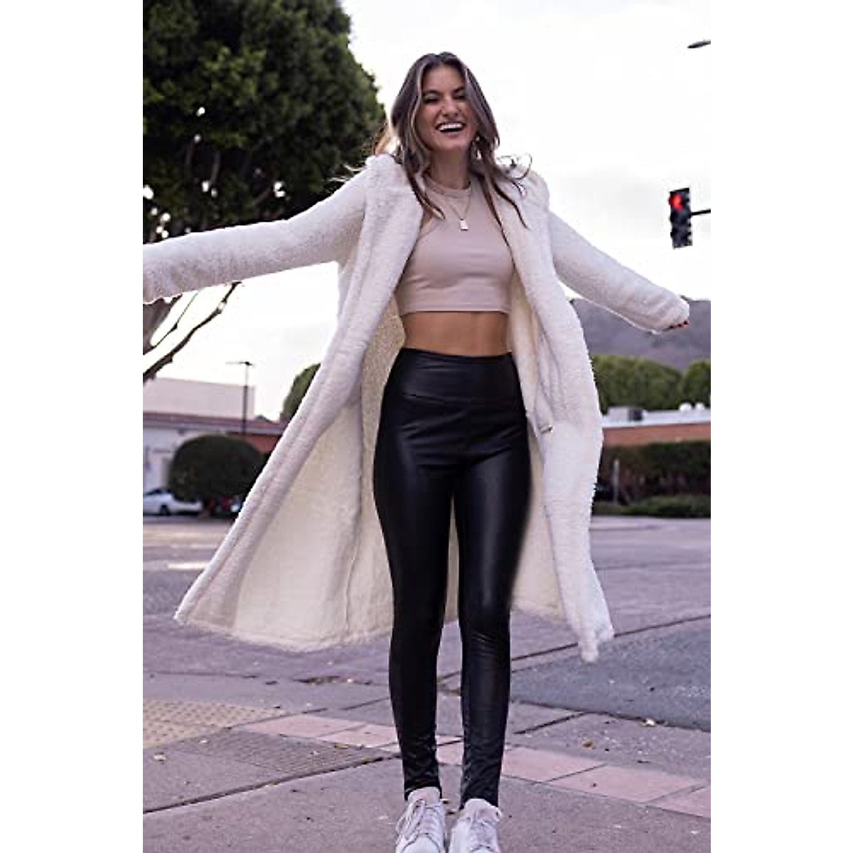 PRETTYGARDEN Women's Fashion Winter Coats Fuzzy Fleece Long Hooded Jackets Button Down Faux Fur Warm Outerwear (Beige White,Medium)