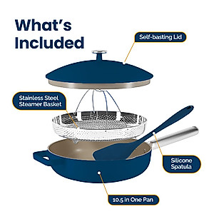 Nutricook OnePan - 10.5" Ceramic Saute Pan, Nonstick Frying Pan, Sauce Pan, Skillet, Oven Safe Induction Cookware, PTFE & PFOA Free, Blue
