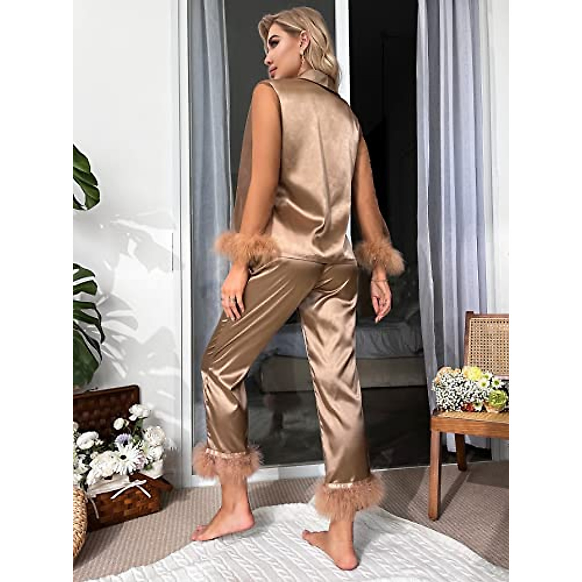 WDIRARA Women's Satin Fuzzy Trim Mesh Long Sleeve Button Down Pajamas Pants Set Sleepwear Mocha Brown S