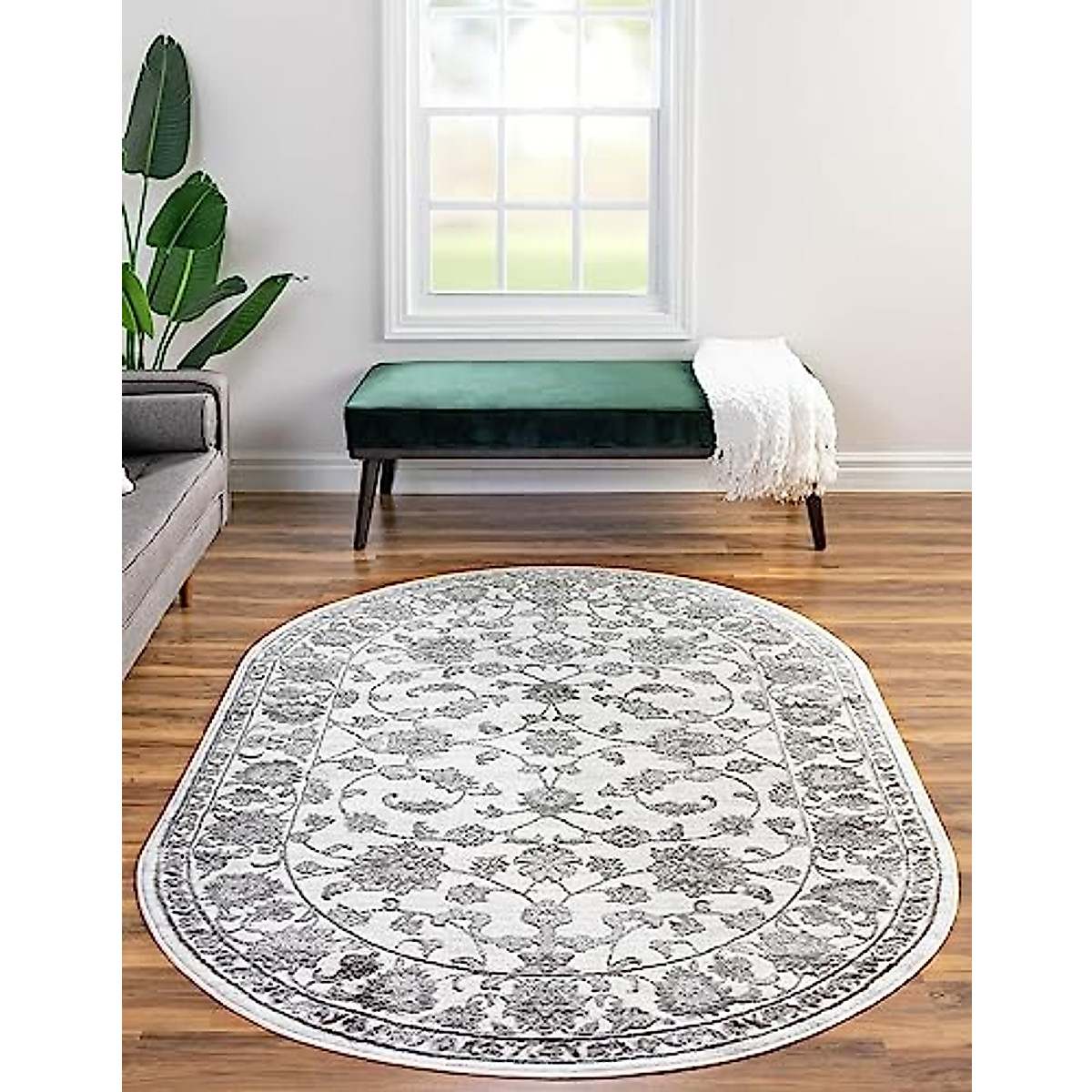 Unique Loom Boston Collection Area Rug - Floral (5' 3" x 8' Oval, white Gray/ Ivory)