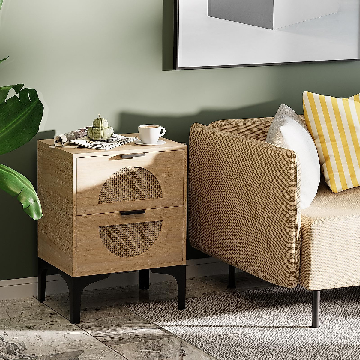 Aenuert Rattan Nightstand with 2 Drawers, Wooden Boho Side Table with Storage, Bedside End Table for Bedroom, Dorm and Small Spaces(Natural)