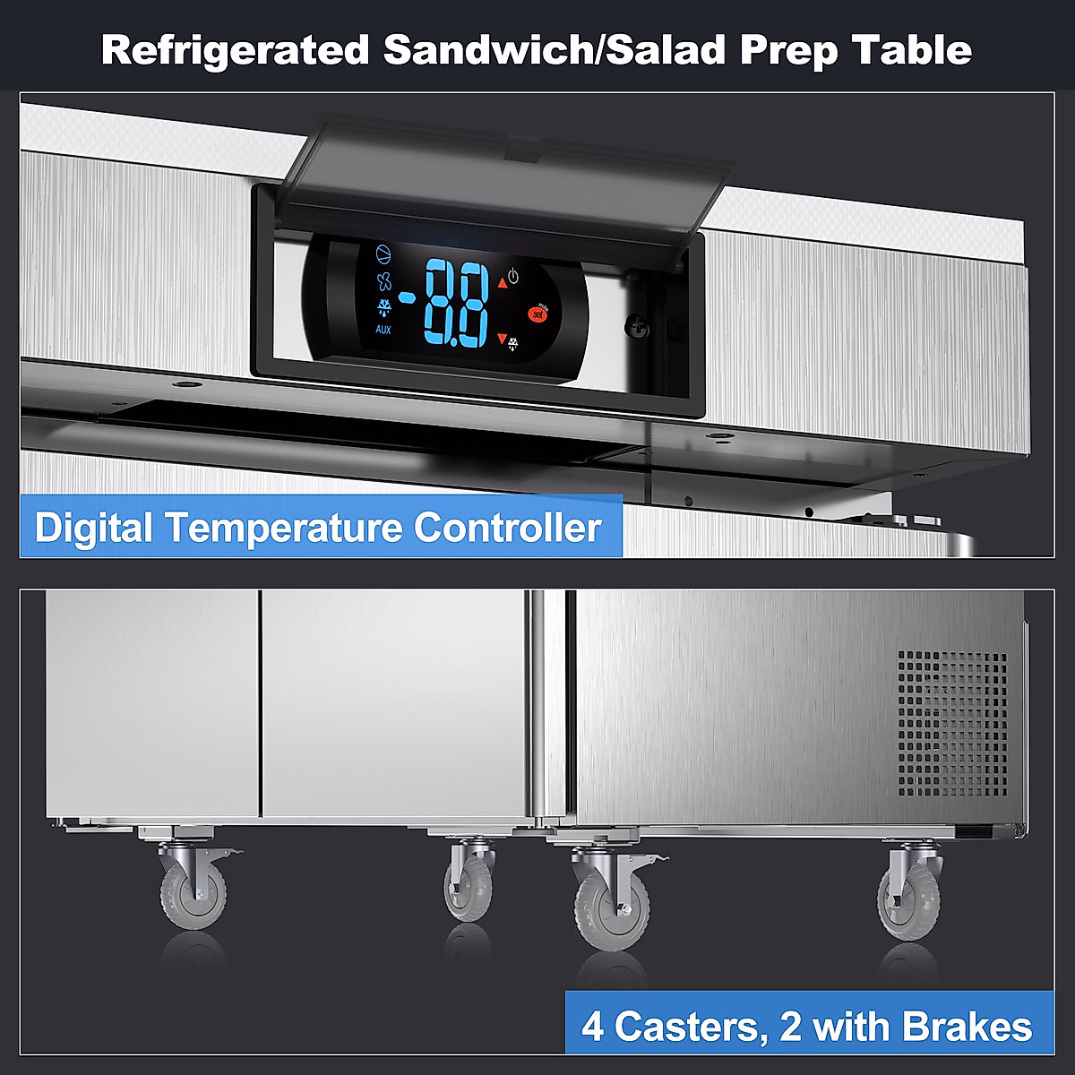48’’ W Commercial Refrigerator 2 Door, Refrigerated Sandwich Salad Prep Table with 12 Pans Cutting Board, Mega Top/Stainless Steel/13 Cu.FT. Capacity/ETL NSF Approved