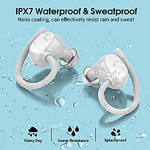 Wireless Earbuds, HiFi Stereo Sport Bluetooth 5.3 Headphones with Earhooks, 48H Deep Bass Headphones with LED Display, Noise Cancelling, IP7 Waterproof Earphones Built-in Mic for Running (White)
