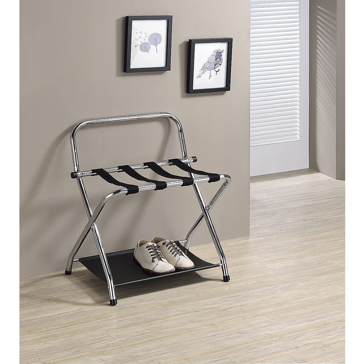 KB Designs - Chrome Metal Folding Luggage Rack, Suitcase Stand with Storage Shelf for Guest Room Bedroom Hotel