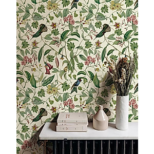 JiffDiff Peel and Stick Wallpaper Floral, Hummingbird Green Wallpaper Self Adhesive Wallpaper for Home Bedroom Cabinets and Kitchen Countertop 17.71"x118" Thicken