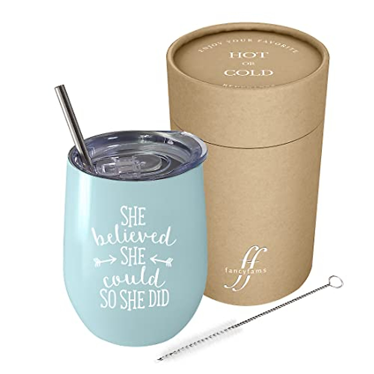 Fancyfams She Believed She Could So She Did - Congratulations Gifts - Graduation Gifts for Her - 12 oz Stainless Steel Wine Tumbler (Blue)
