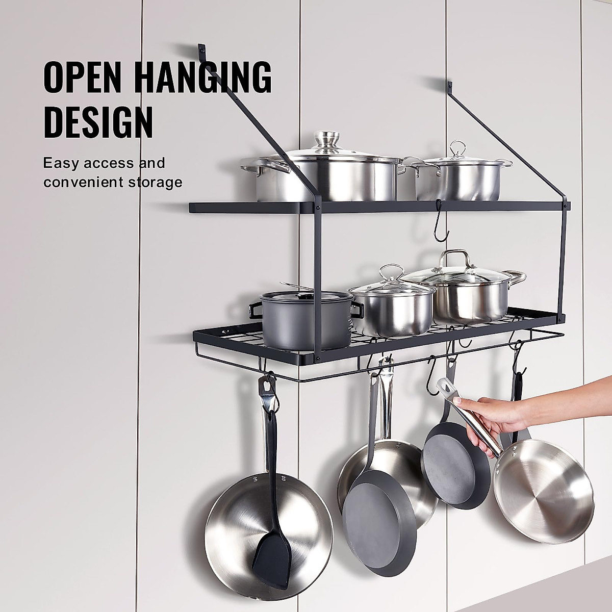 VEVOR Pot Rack Wall Mounted, 30 inch Pot and Pan Hanging Rack, Pot and Pan Hanger with 12 S Hooks, 55 lbs Loading Weight, Ideal for Pans, Utensils, Cookware in Kitchen