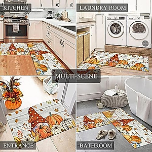 Bsmathom Fall Anti Fatigue Kitchen Rug Sets 2 Piece, Non Slip Waterproof Thick Cushioned Kitchen Rugs and Mats Set of 2, Pumpkin Thanksgiving Kitchen Runner Carpet Comfort Standing Mat