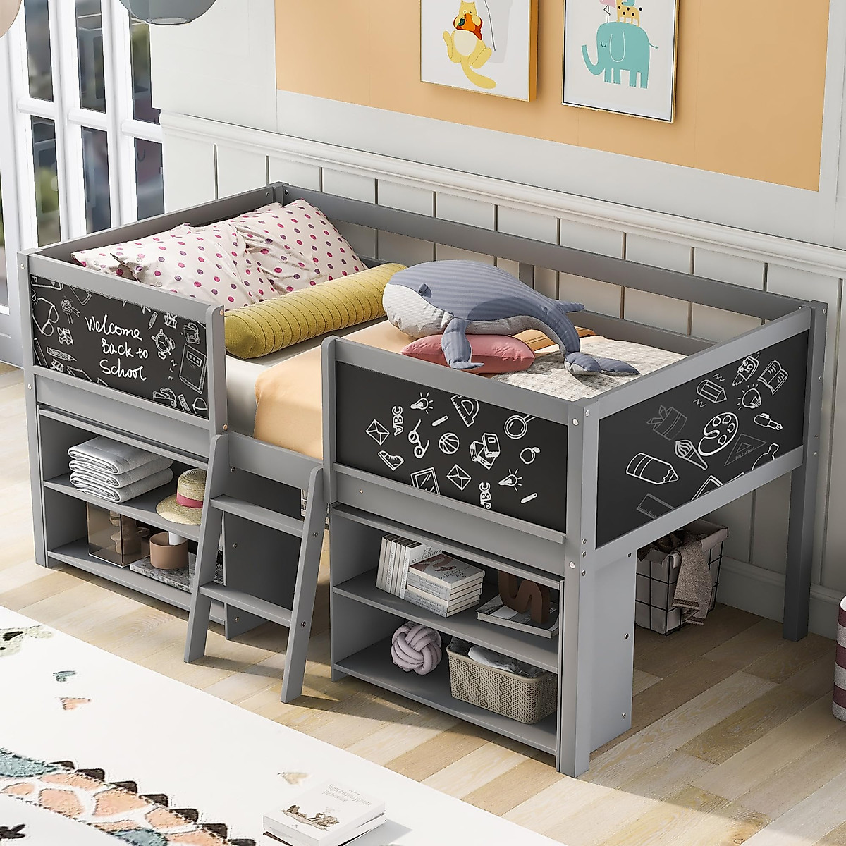 Low Loft Bed with 2 Movable Storage Shelves, Twin Size Bed Frame with Chalkboard and Ladder, Wood Loft Daybed for Kids, Boys, Girls, Teens, No Spring Box Required, Gray