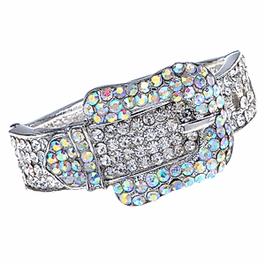 Alilang Silvery Tone Iridescent Clear Crystal Colored Rhinestones Belt Buckle Cuff Bracelet