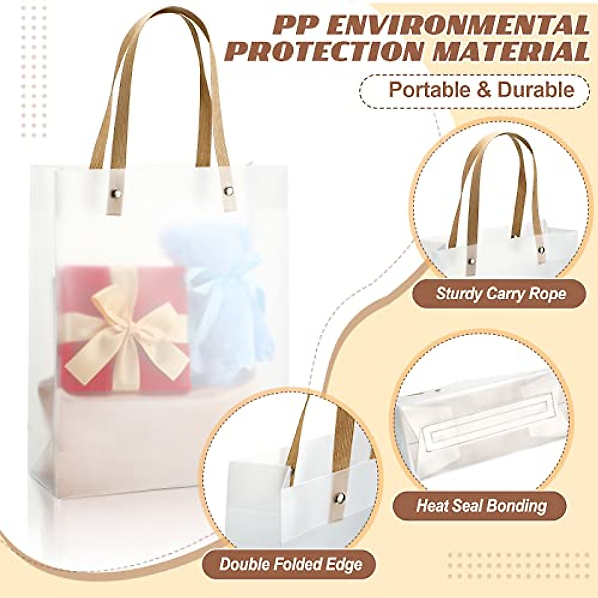 30 Pcs Clear Gift Bags with Handles, White Frosted Plastic Bags, Clear Reusable Bags for Gifts Party Favors, Transparent Tote Boutique Bags Gift Wrap Bags for Wedding, Retail, 10 x 8 x 3 Inch