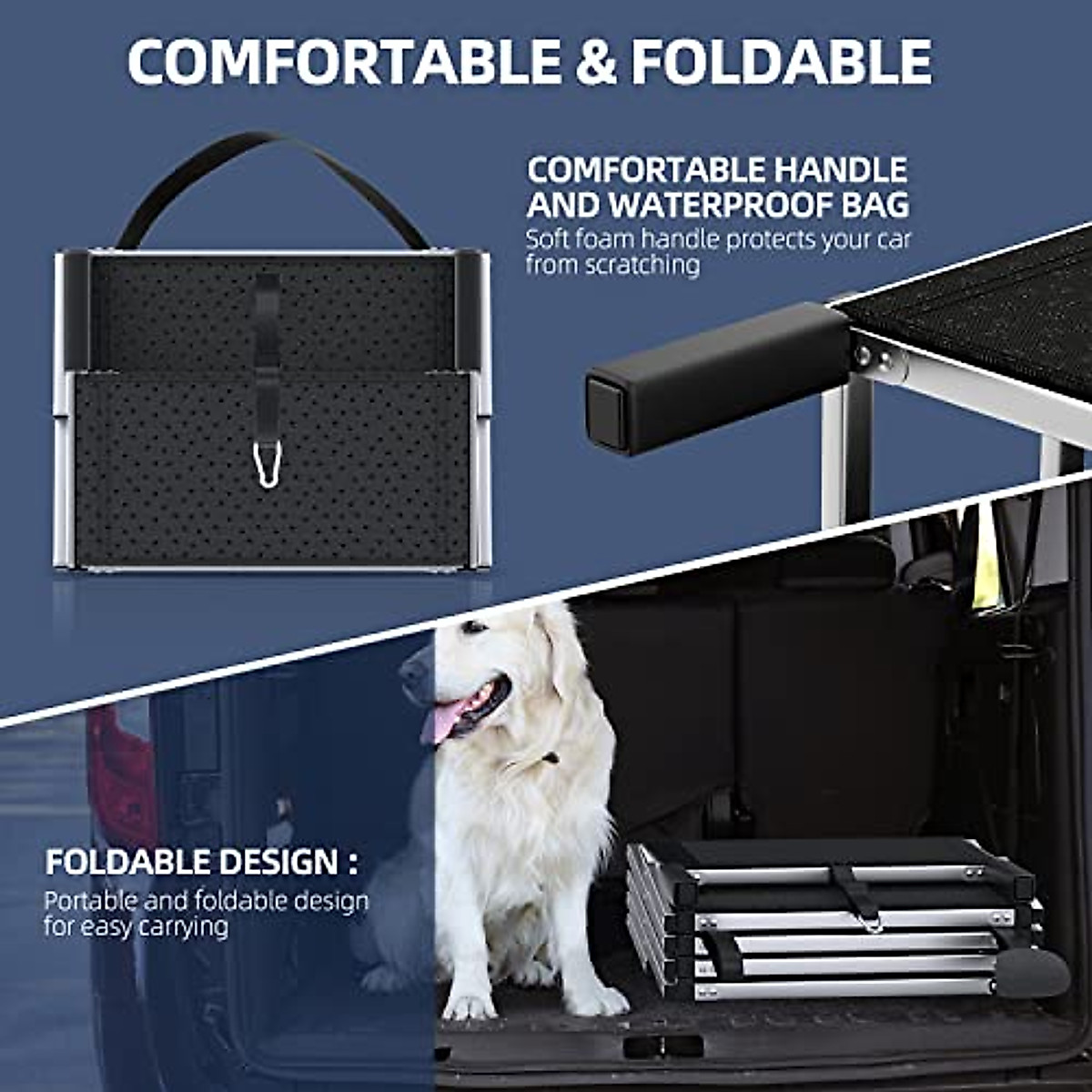 PetRuna Dog Car Ramp for Large Dogs, Portable Aluminum Foldable Pet Ladder with Non-Slip Surface, Lightweight Stairs Cars SUV, High Beds & Trucks, Supports up to 150 lbs, 4 Steps