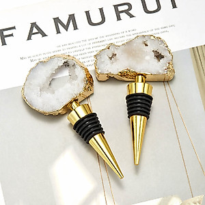 Sip and Shimmer Crystal Wine Bottle Stoppers – 2-Pcs Set Gemstone Champagne Stoppers for Bottles – Cute Wine Accessories for Bridal Shower, Wedding, Party – Gold Geode Decorative Wine Stoppers