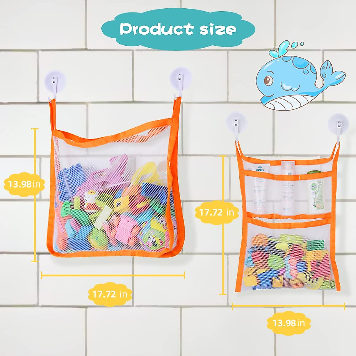 Bath Toy Organizer, SUNDOKI Bath Toy Holder Storage Bags with 4 Suction Cup Hooks and 2 Bath Toy Nets for Kids, Toddlers and Adults (Orange)