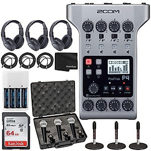 Zoom PodTrak P4 Portable Multitrack Podcast Recorder + 64GB SDXC Memory Card + Dynamic Cardioid Handheld Mic (3-Pack) with Carrying Case + 3X Stereo Headphones + 3X Mic Stand + Batteries and Charger