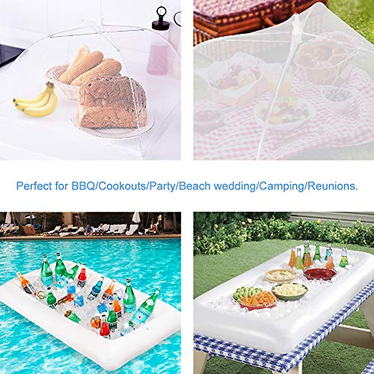 1PCS Inflatable Serving Bars and 3PCS Mesh Food Umbrella Covers Tent for Outdoor,Keep Salads Beverages Ice Cold - For Parties Indoor & Outdoor BBQ, Picnic Pool Party Supplies Luau Cooler