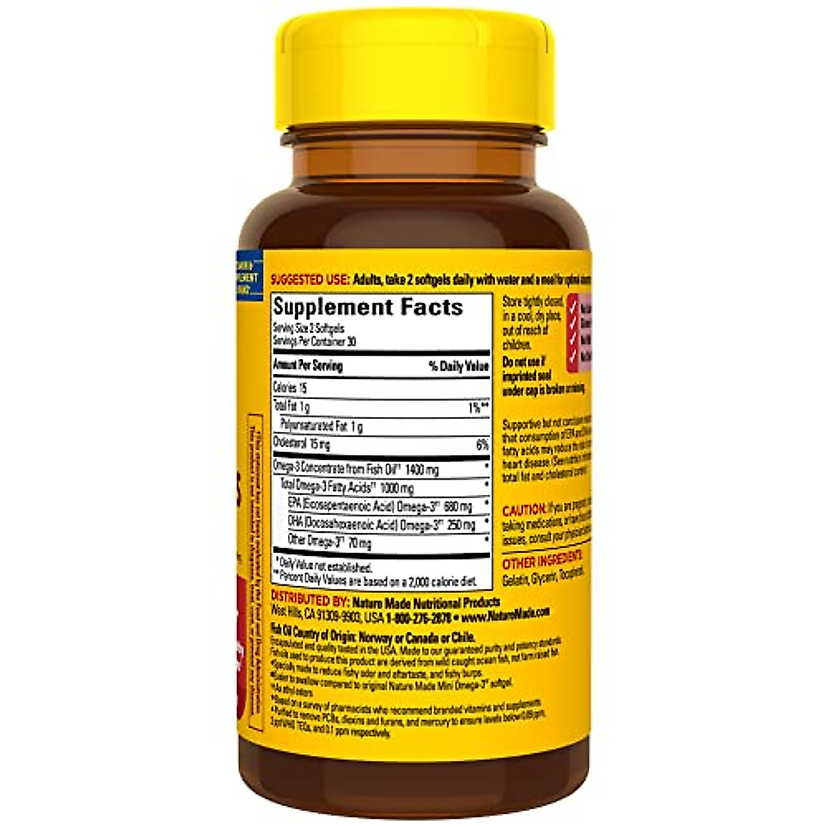 Nature Made Extra Strength Burp Less Omega 3 Fish Oil 1400 mg Minis, Fish Oil Supplements as Ethyl Esters for Healthy Heart, Brain and Eyes Support, Omega 3 Supplement, 60 Softgels, 30 Day Supply