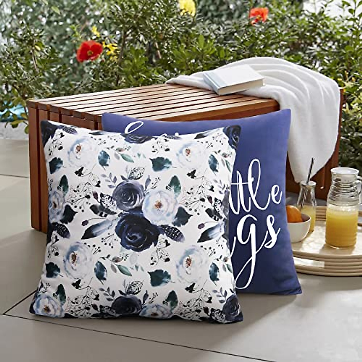 Merrycolor Set of 4 Outdoor/Indoor Pillow Covers 18x18 Waterproof Navy Blue and White Floral Decorative Pillow Covers Outdoor Pillows for Patio Furniture