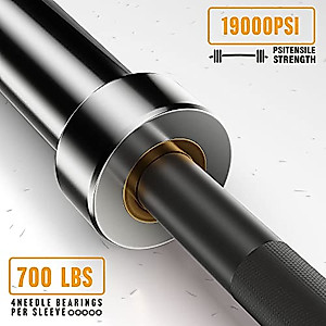 Olympic Barbell Bar 7ft-44LB 1000LB/1500LB/700LB Capacity Olympic Bearing Barbell (700LB-Black)