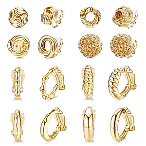 JeryWe 8 Pairs 14K Gold Clip On Earrings for Women Fashion Clip On Earrings Gold Silver Chunky Hoop Earrings No Piercing Fake Earrings Hypoallergenic