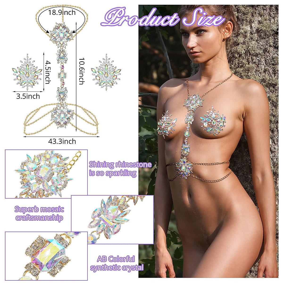 Boho Rhinestone Statement 2 Pieces Chest Chain Adhesive Covers Body Jewelry for Women Body Chain for Beach Women