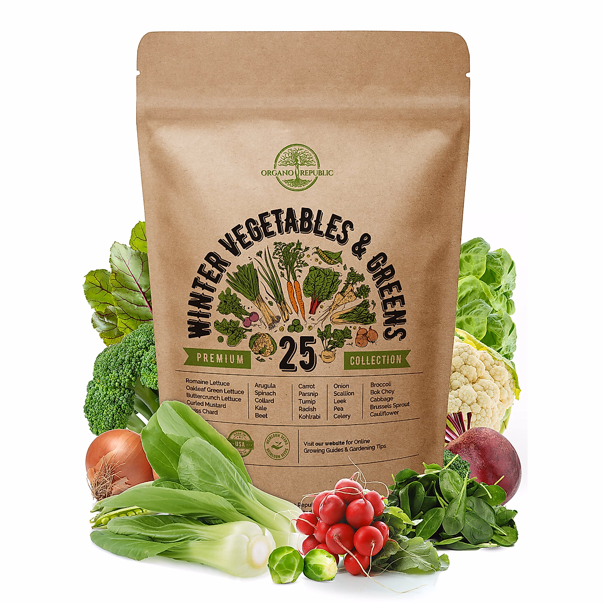 Organo Republic 25 Winter Vegetable Garden Seeds Variety Pack for Outdoors & Indoor Home Gardening 6500+ Non-GMO Heirloom Seeds: Broccoli Beet Carrot Collard Lettuce Radish Spinach Pea Kohlrabi